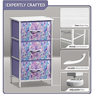 Sorbus Nightstand Storage Organizer Chest with 3 Drawers - Kids Girls, Boys Bedroom Furniture Chest for Clothes, Closet Organization - Steel Frame, Wood Top, Fabric Bin (3-Drawer, Blue/Pink/Purple)