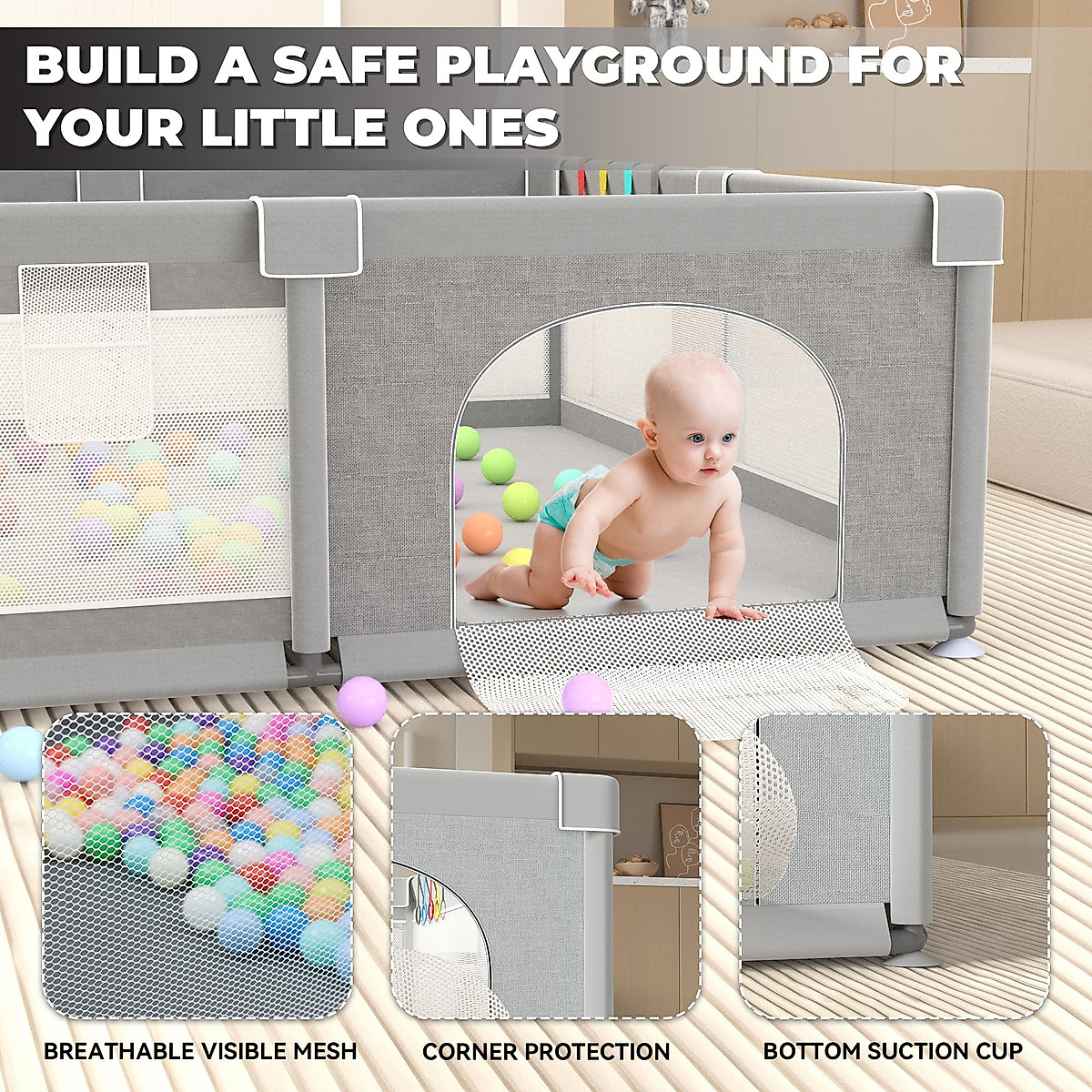 HEIZO Large Baby Playpen for Babies and Toddlers, 71''x59'' Play Yard, Safety Baby Fence Area with Zipper Gate and Anti-Slip Base for Indoor & Outdoor Activity