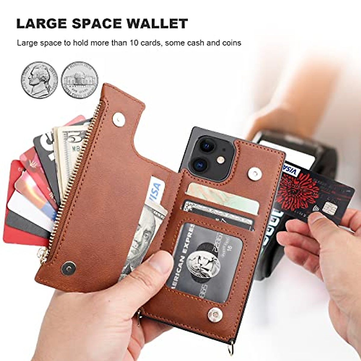 Bocasal Crossbody Wallet Case for iPhone 12/12 Pro with Card Holder,Zipper Card Slot Protector Shockproof Purse Cover with Removable Cross Body Strap 6.1 Inch(Brown)