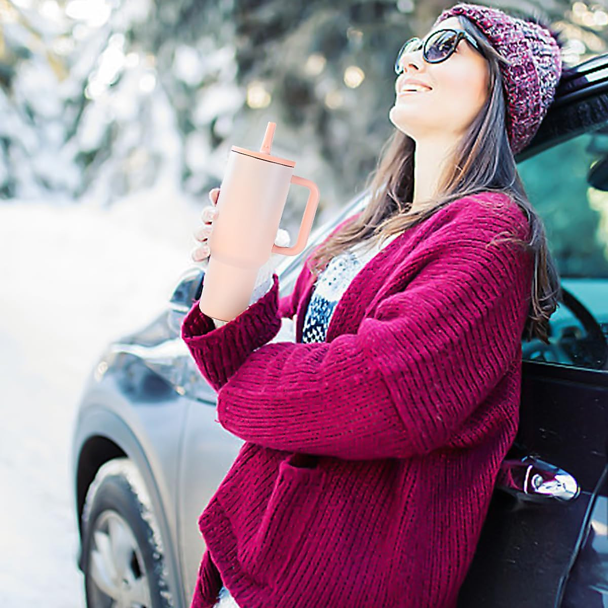 40oz Tumbler With Handle Flip Straw Lid,Leak Proof Insulated Tumbler Double Wall Vacuum Insulated Cup Reusable BPA Free Stainless Steel Water Bottle With Rubber Base Lid,Travel Mug Gifts for Her/Him