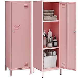 MIOCASA Metal Locker Storage Cabinets with Doors and Shelves Lockable 3 Tier File Cabinet Organizer Coat Lockers for Kids, Living Room, Office, Gym (Pink)