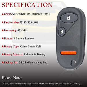 Key Fob Remote Replacement Fits for Honda Civic DX EX LX 2001 2002 2003 2004 2005/Honda Pilot 2003 2004 2005 2006 2007 NHVWB1U523 Keyless Entry Remote Control NHVWB1U521 72147-S5A-A01(Pack of 2)
