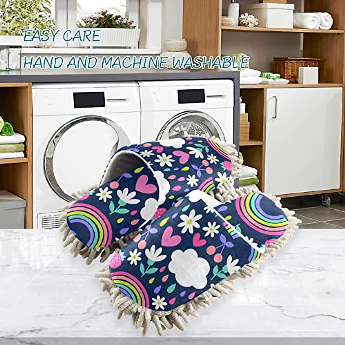Kigai Microfiber Cleaning Slippers Cute Floral and Rainbow Washable Mop Shoes Slipper for Men/Women House Floor Dust Cleaner, Size L
