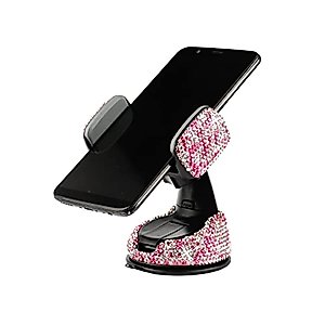 Amiss Universal Bling Cell Phone Holder, 360°Adjustable Car Phone Mount with One More Air Vent Base, Crystal Car Interior Decoration, for Windshield, Dashboard and Air Vent (Pink & White)