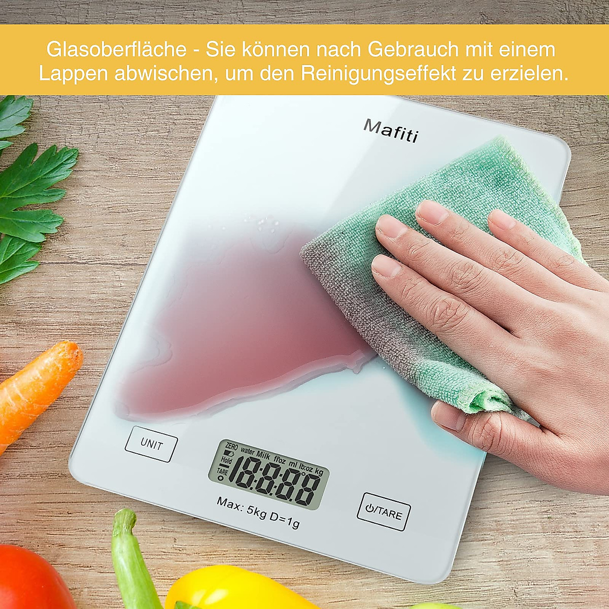 Kitchen Scale, Mafiti Digital Kitchen Scales 11lb/5kgX1g, Multifunction Measures in Kg, g, lb and OZ Digital Kitchen Weight for Food, Cooking and Baking，LCD Display（Silver）