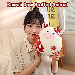 SQEQE Cow Plush Toy Cute Cow Stuffed Animals Soft Pillow Plushies Kawaii Cow Plushie Mushroom Plush Gift for Girls Kids Decor(Red 10 inch)