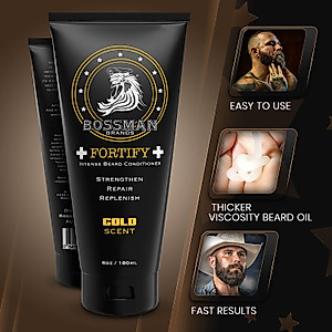 Bossman Fortify Intense Beard Conditioner - Shower Beard Wash, Moisturizer and Beard Softener for Men - Beard Growth Products - Made in USA (Gold Scent), 6 oz