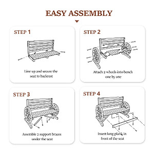 VINGLI Outdoor Rustic Wooden Bench with Wagon Wheel Arms, 3 People Outdoor Bench Garden Bench Front Porch Furniture Patio Lawn Yard Park, Indoor and Ourdoor Decor