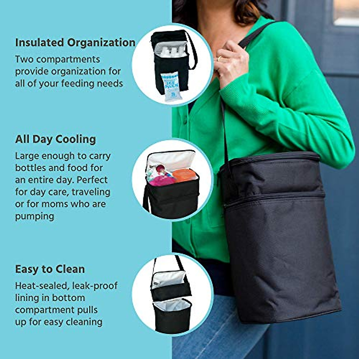 J.L. Childress 6 Bottle Cooler - Breastmilk, Baby Bottle & Food Bag - Ice Pack Included - 2 Compartments - Insulated & Leak Proof Bottle Bag - Breastmilk Cooler Bag for Travel - Black