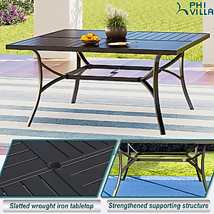 PHI VILLA 9 Pieces Outdoor Dining Table Set for 8, 60” Square Wrought Iron Dining Table & Heavy-Duty Steel Dining Chairs with Cushions, Large Dining Furniture Set for Patio, Deck, Yard, Porch