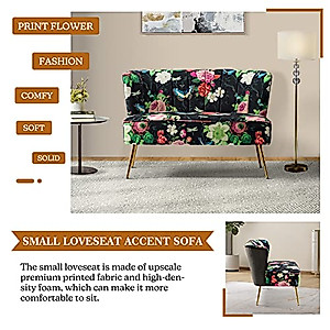 HULALA HOME Mid-Century Loveseat Sofa with Metal Legs, Comfy Upholstered Small Love Seat Couch, Floral Patterns 2-Seat Armless Couch with Tufted Back for Living Room, Apartment Small Spaces(Black)