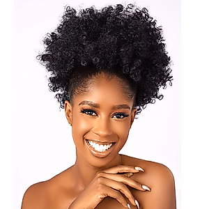 CECINILL Afro Puff kinky curly Drawstring Ponytail Extension for Women Synthetic Short Afro Kinkys Curly Afro Bun Extension Hairpieces Updo Hair Extensions with Two Clips(1B)