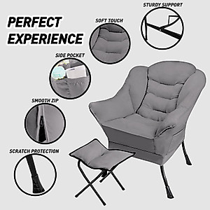 WOAISOO Lazy Chair with Ottoman, Comfy Reading Chair with Ottoman Set, Oversized Lounge Sofa Chair with Footrest for Living Room, Bedroom, Dorm, Small Spaces- Grey