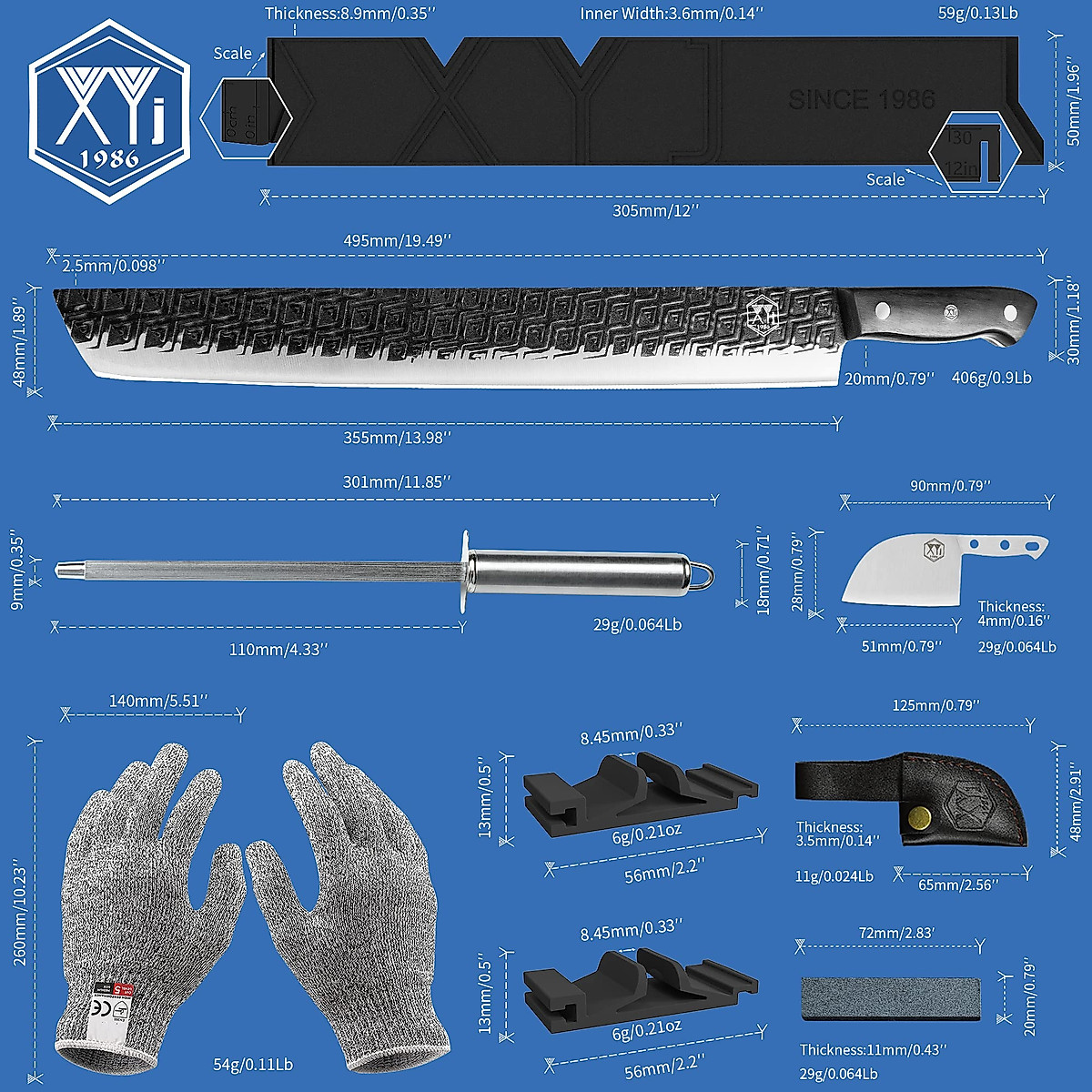 XYJ Slice Cooking Knife With Edge Guards Protector,Kitchen Knife,Sharpener Steel,Japanese Chef Knives,Meat Vegetable Cutting Carving Brisket Knife,Long Blade,Full Tang (14.5 Inch)