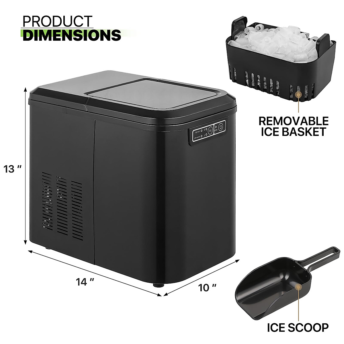 Magshion Ice Maker Countertop with Self-Cleaning, 26lbs/24H, Bullet-Shaped Ice (2 Sizes), Digital Display & Timer, 1.8lbs Ice Storage Capacity, Ice Cube Maker Machine for Home & Kitchen (Black)