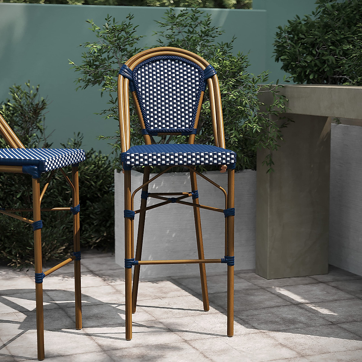 EMMA + OLIVER Soie Bistro Bar Stool - Stacking Indoor/Outdoor PE Rattan Bar Stool with Bamboo Finish Frame - 30" High - Set of Two - Navy/White