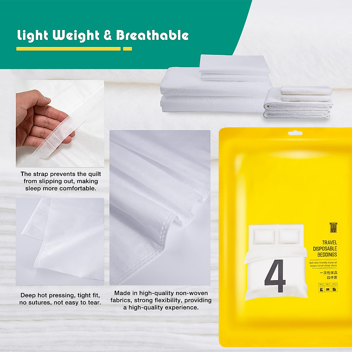 CLOVERCAT 8 PCS Disposable Bed Sheets Travel Sheets for Hotel, Disposable Bedding for Soft Breathable Bed Cover, Bed Sheet, Pillowcase, Towel Set for Trips, Hotels, Spa, Camping, Overnight Stay