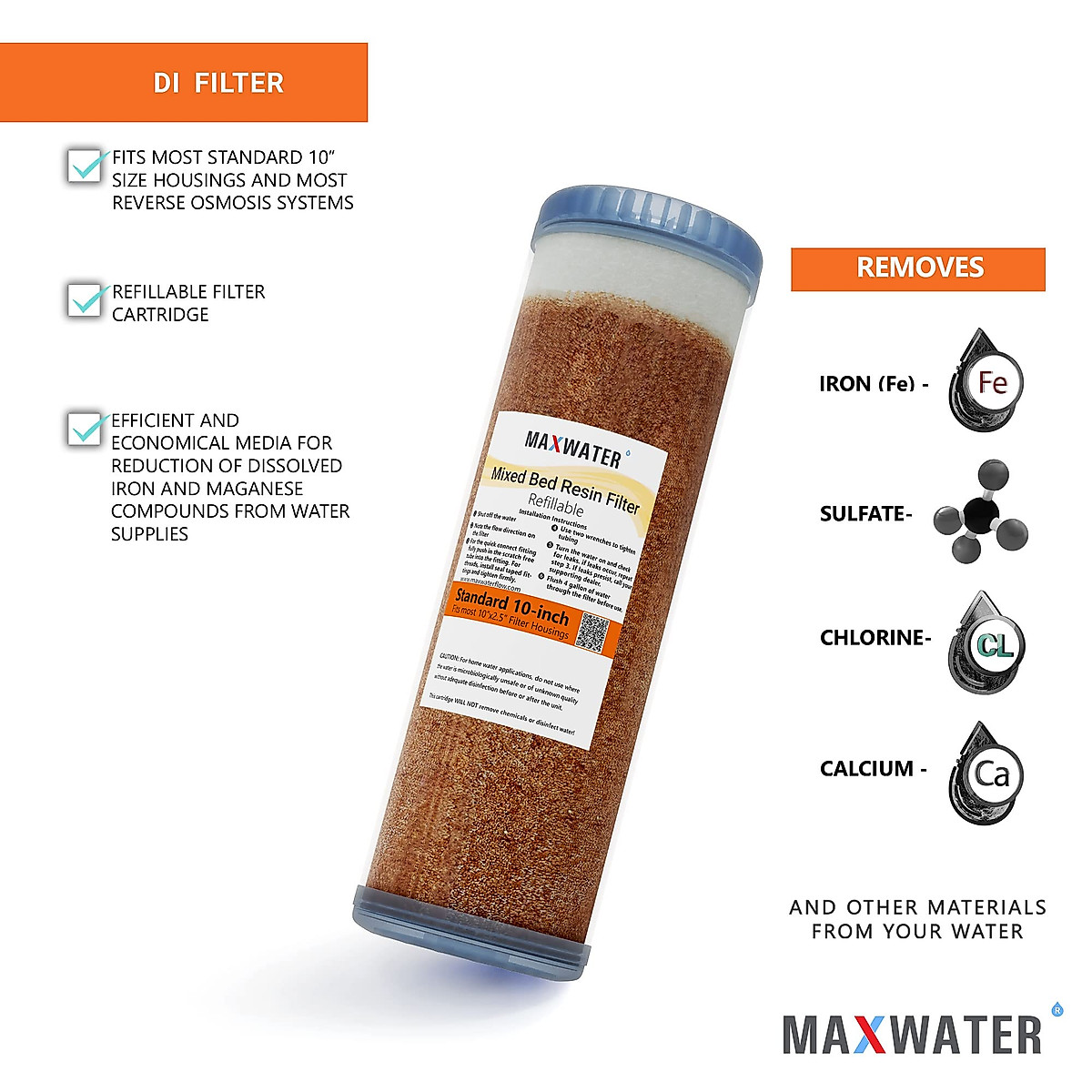 2-Pack Refillable Mixed Bed DI Resin Filter Cartridge Fits wide style 3.15" openings standard 10" size WH Filter Housings and Systems, Car Wash, Window Cleaning, Aquarium