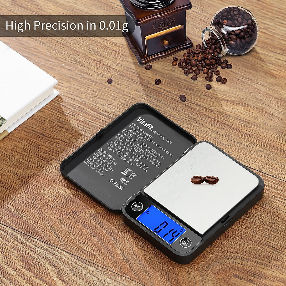 Vitafit 500g Digital Pocket Gram Scale 0.01g Accuracy, Weighing Professional Since 2001, High Precision Scale Grams for: Lab, Food, Kitchen, Coffee, Jewelry; Black