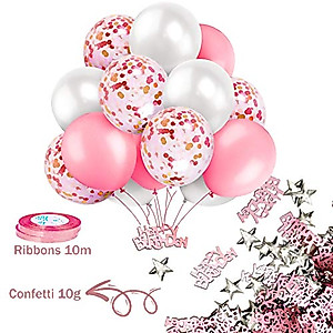 MOVINPE Pink Birthday Party Decoration, Happy Birthday Banner, Rose Gold Fringe Curtain, Foil Tablecloth, Heart Star Foil Confetti Balloons, 10g Table Confetti for Women Girl Birthday Party