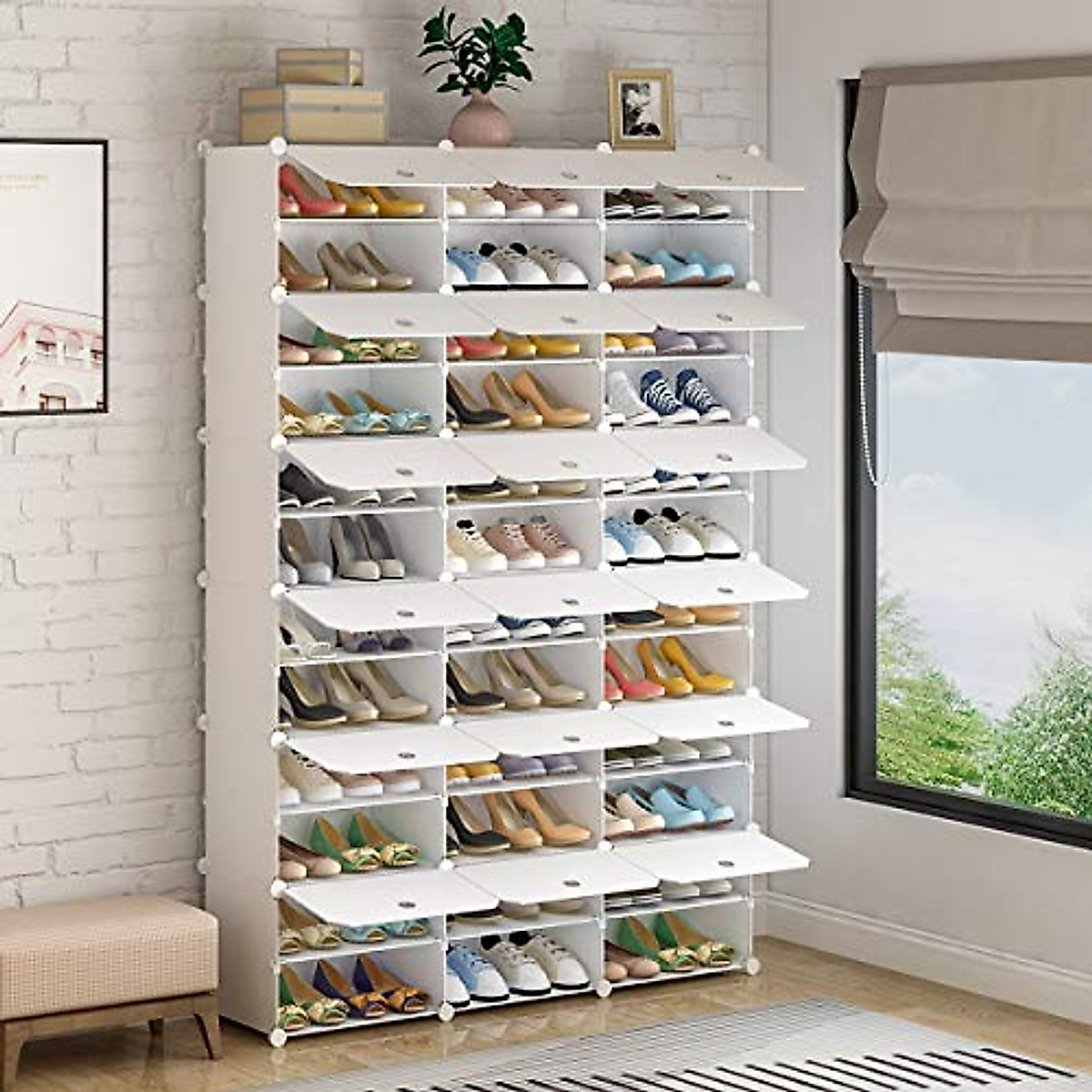 Aeitc Portable Shoe Rack, 72-Pair DIY Shoe Storage Shelf Organizer, Plastic Shoe Organizer for Entryway, Shoe Cabinet with Doors, White