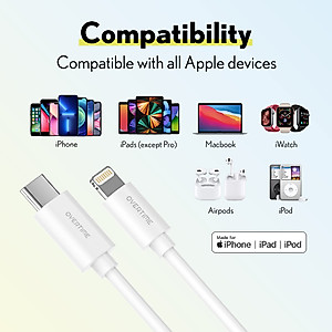 Overtime iPhone Lightning Cable, MFI Certified, Portable & Smart USB-C to Lightning Charging Cable, Fast Apple Charging Cord, 6ft iPhone Charger Cord Compatible with iPhone | iPad | iPod - White
