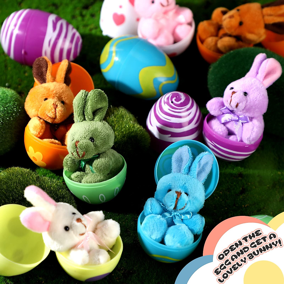 Sumind 48 Pieces Easter Eggs DIY Prefilled with Plush Animals, 3 Inch Plastic Easter Eggs with Stuffed Animals for Easter Party Hunt Game Basket Surprise Bunny Animal Toys(Bunny)
