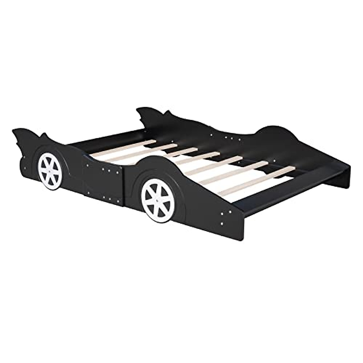Zaboro Full Size Race Car-Shaped Platform Bed for Children, Solid Wood Bed Frame with Safety Rails and Wheels, Modern Low Bed with Sturdy Slats Support for Boys and Girls, No Box Spring Needed, Black