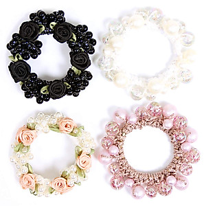 BENPIN Pearl Hair Ties Elastic (4Pcs), Pretty Fancy Hair Scrunchies Hair bands Ponytail Holder Cute Fashion Hair Accessories Ideal For Women Girls Kids (Type 1918)