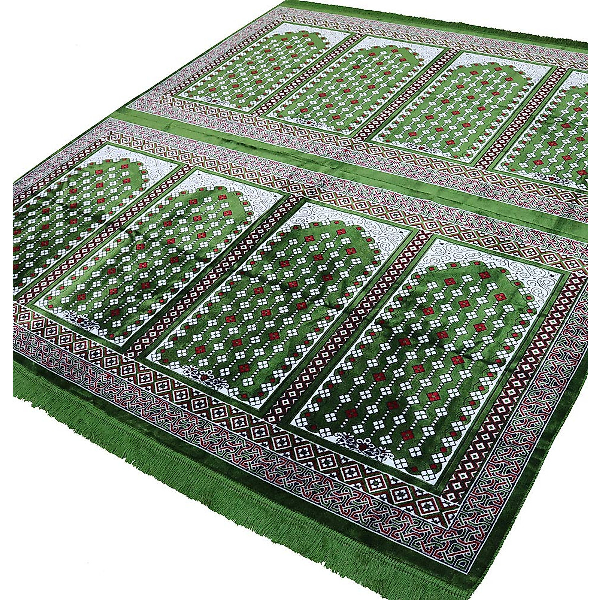 Modefa Turkish Prayer Rug | Wide 8 Multi Person Velvet Namaz Sajadah Janamaz | Family Group Mosque Carpet (Green)