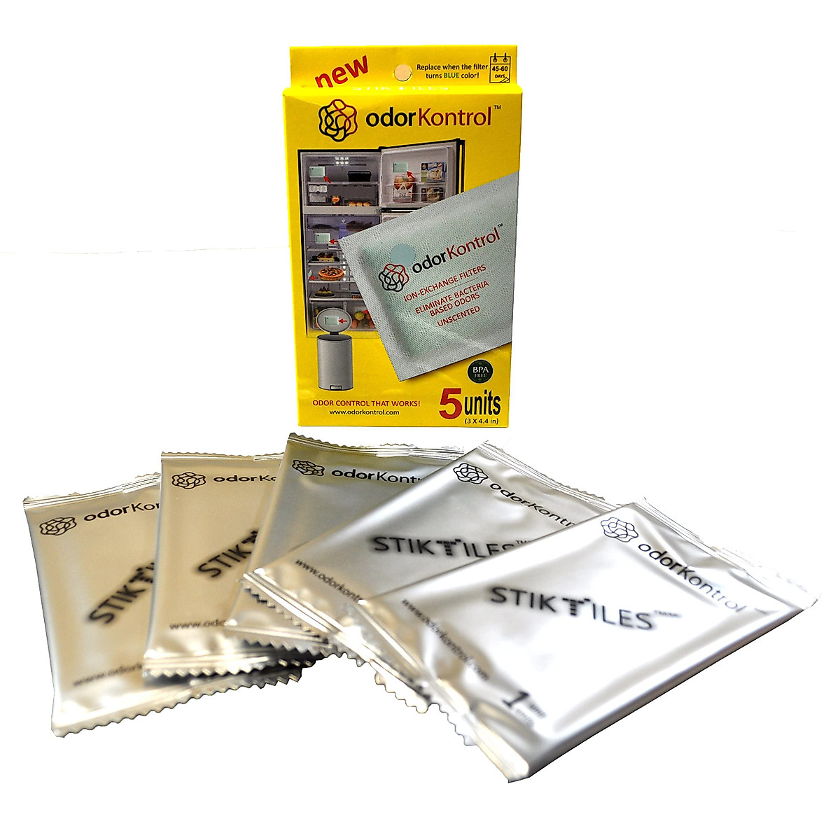 Supersorbents Industries Odor Kontrol StikTiles - Unscented Fridge Deodorizer, 5 PK - Peel and Stick Odor Eliminator for Strong Odor