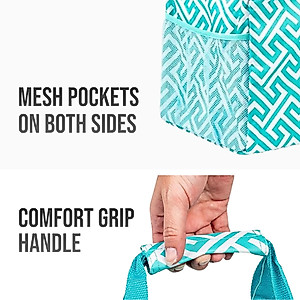 Lucazzi Extra Large Utility Tote Bag - Oversized Collapsible Reusable Wire Frame Rectangular Canvas Basket With Two Exterior Pockets For Beach, Pool, Laundry, Car Trunk, Storage - Geometric Teal