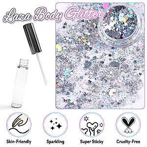 Laza Body Glitter, 2 Jars Holographic Chunky Sequins with Glitter Glue Perfect for Women Eyeshadow Makeup Face Paint Festival Rave Outfits Hair Accessories Carnival Party Costumes - Laser Galaxy