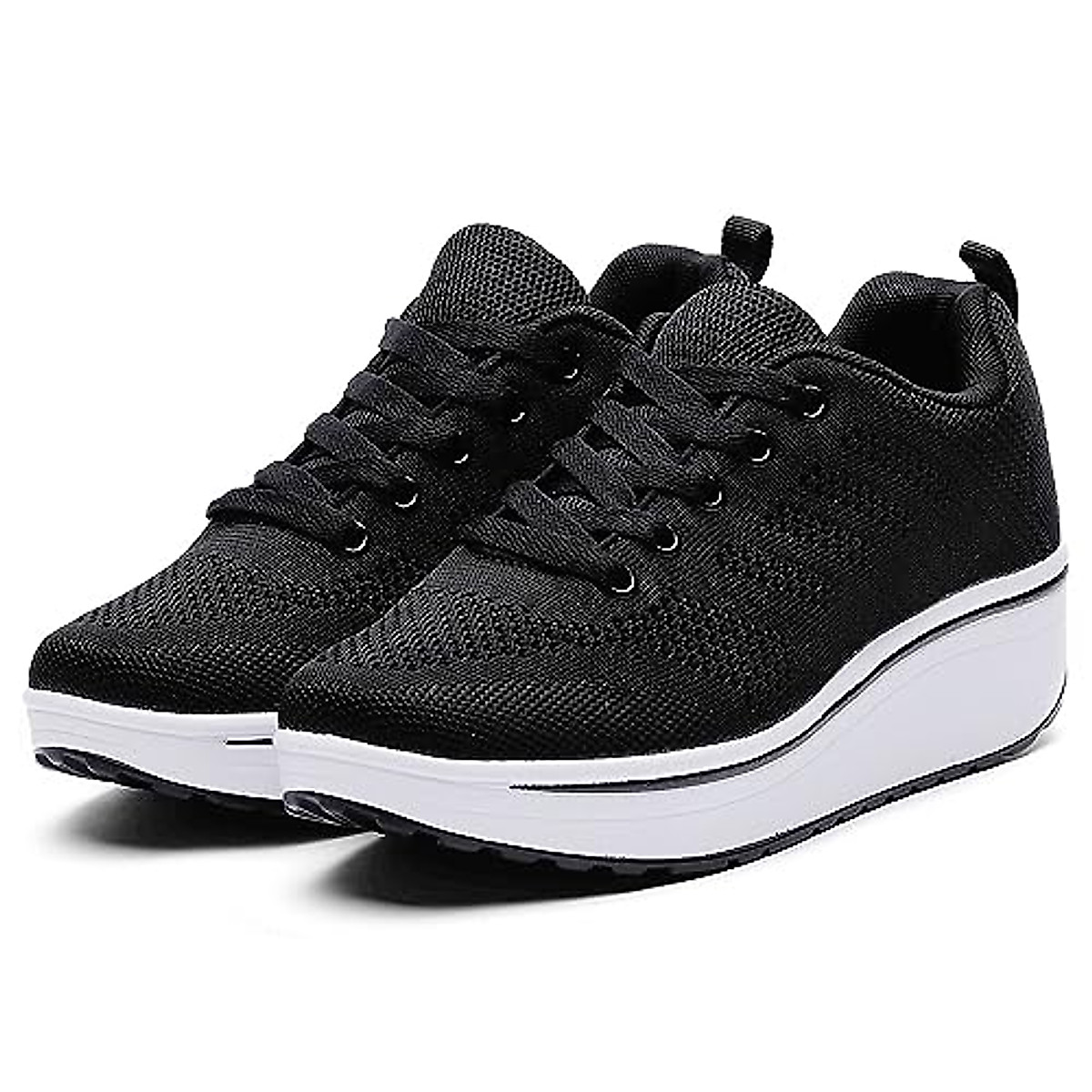 WUIWUIYU Womens Outdoor Casual Wedge Platform Mesh Lace-Up Sport Athletic Rocker Shoes Trainers Sneakers Black Size 5 M US