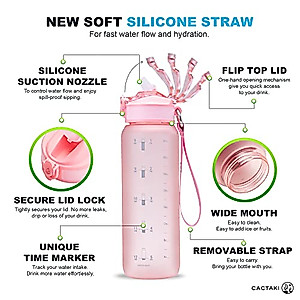 Cactaki 32 oz Water Drinking Bottle with Time Marker - Stay Hydrated - Hydration Tracker & Reminder to Drink With Hourly Measurement Markings - Leak Spill Proof & BPA Free