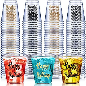 Nuogo 100 Pcs Happy Birthday Plastic Shot Glasses Birthday Party Favors Celebrate Birthday 2 oz Cheer Cups for Birthday Anniversary Wedding Party Supplies