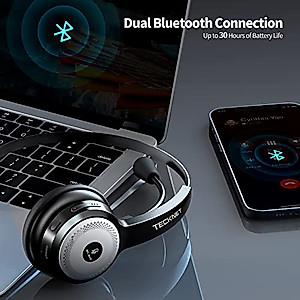 TECKNET Bluetooth 5.0 Wireless Headset with AI Noise Cancelling Microphone and Charging Base for Laptop, On Ear Bluetooth Headphone Telephone Headset for PC, Cell Phone, Skype, All Day Battery Life