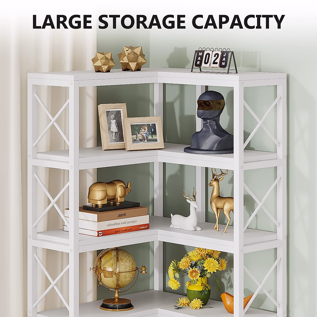 LITTLE TREE 7-Shelf Corner Bookshelf Modern Corner Bookcase Corner Shelf for Living Room Home Office, White