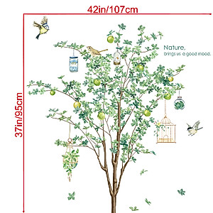 RW-DZ29 Large Green Tree Wall Decals 3D Green Tree Birds Wall Stickers Birdcage Plant Flower Decals DIY Removable Green Tree Animals Wall Art Decor for Kids Baby Bedroom Living Room Nursery Office
