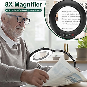 Drdefi 8X Magnifying Glass with Light and Stand, 5 Color Modes Stepless Dimmable Flexible Gooseneck Magnifying Desk Lamp, LED Lighted Magnifier Hands Free for Craft Reading Painting Close Work Hobby