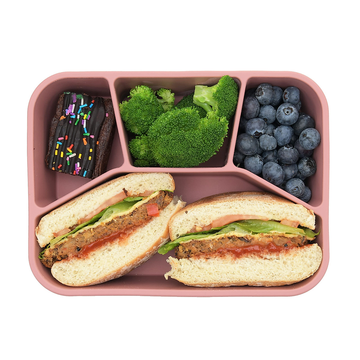 VitalityEXO Eco Friendly 4 Compartment Silicone Lunch Box for Adults and Kids Microwave Dishwasher and Freezer Safe with Separate Compartments Leakproof BPA-Free PVC-Free Bento Box (DARK PINK)