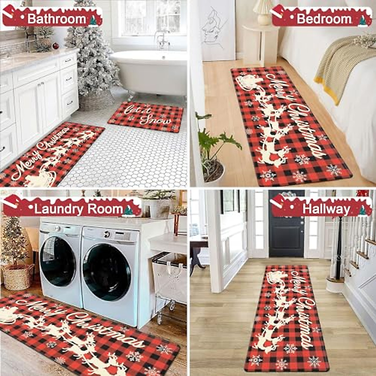Ileading Buffalo Plaid Merry Christmas Kitchen Mats Set of 2 Let It Snow Anti Fatigue Kitchen Mats for Floor Snowflake Winter Holiday Area Rug Cushioned Standing Desk Mat for Home Kitchen Floor