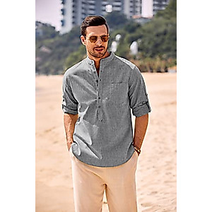 COOFANDY Men's Cotton Henley Shirt Long Sleeve Slim Fit Linen Casual Summer Beach Hippie T Shirt Light Grey