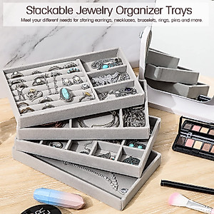 Kenning 16 Pcs Stackable Jewelry Trays Organizer Set for Drawer 8.3x5x1 Small Velvet Jewelry Drawer Insert Storage Holder Closet Dresser Box Divider Ring Earring Display Wedding Gift for Women Girl