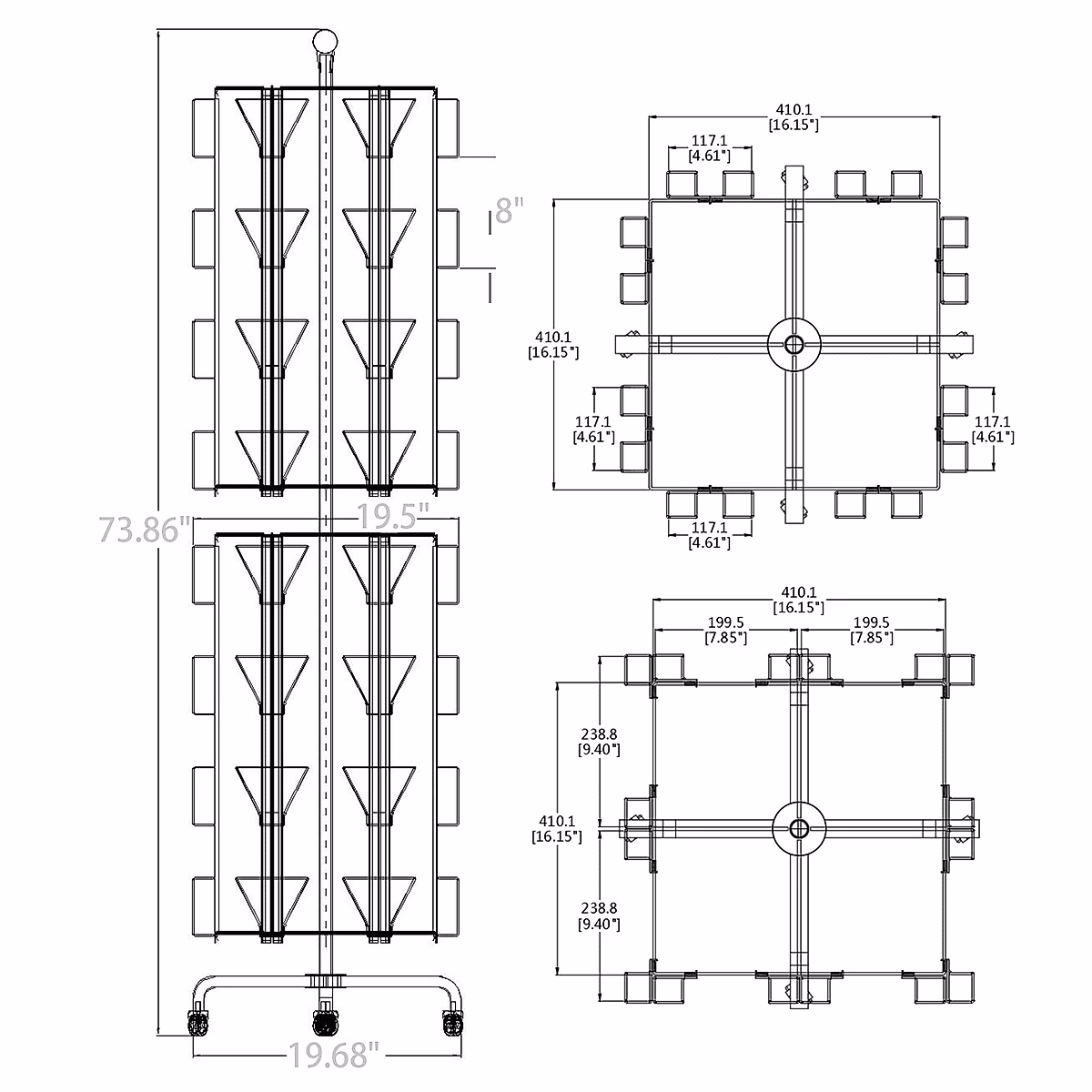 64 Adjustable Pockets Display Rack 5x7 7x5 up to 9.3" Wide X 8" Tall Cards, 1.27" deep Pockets, Double Tier Greeting Post Card Christmas Holiday Spinning Rack Stand Black 11603-L-BLK-NPF-SL