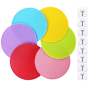 6 Pack Silicone Trivets Pot Mat Round,Pan Pot Holders Set Heat Resistant-Resistant (440ºF) & Eco-Friendly,Insulation,Non Slip Silicon Hot DishTrivet for Kitchen DiningTable Countertop,with 8 hooks