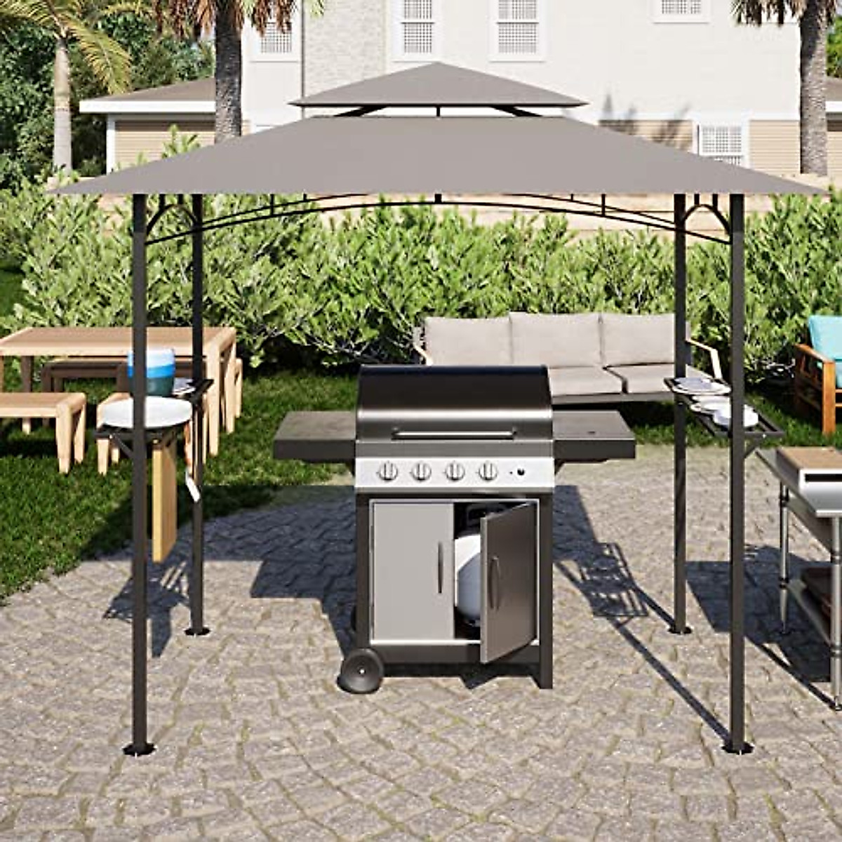Grill Gazebo 8X 5 FT Double Tiered BBQ Gazebo Grill Canopy with 2 Side Shelves, 5 Hooks and Bottle Opener, Patio Canopy Tent, Outdoor Gazebo Tent Outdoor BBQ Canopy (Gray)
