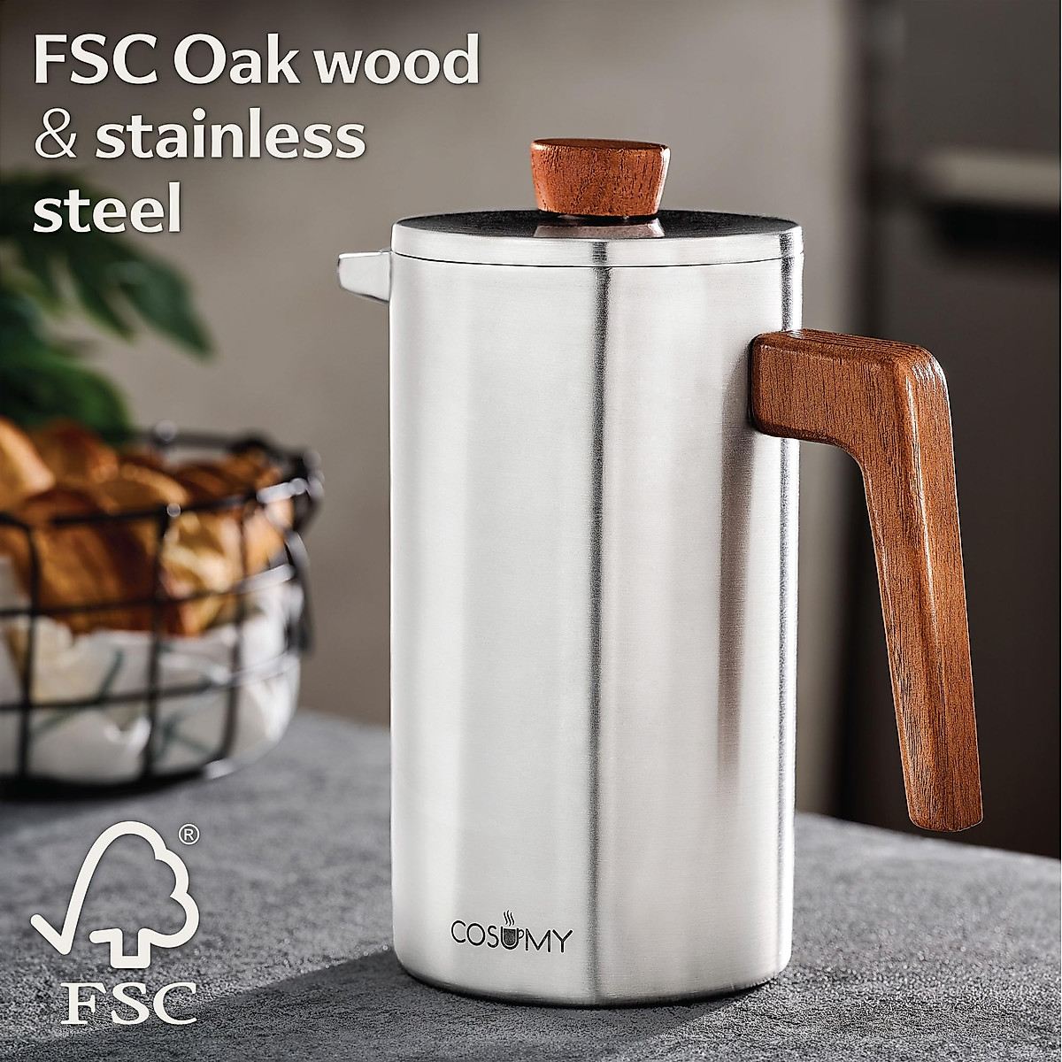 French Press Coffee Maker 34 oz - Made of Stainless Steel & Sustainable Oak Wood - Double-Walled Insulated - 2 Additional Filters - For 5 Cups