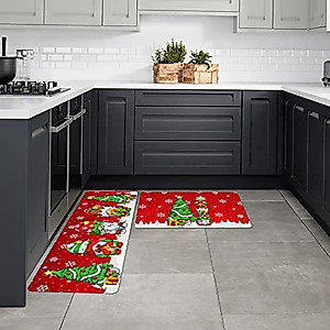 Libaoge Kitchen Mat Rug Set of 2 Christmas Gnome Xmas Tree Snowflake Red Runner Rug Anti-Fatigue Comfort Memory Foam Standing Mat Non-Slip Floor Door Mat for Bathroom Bedroom 20x32in+20x63in