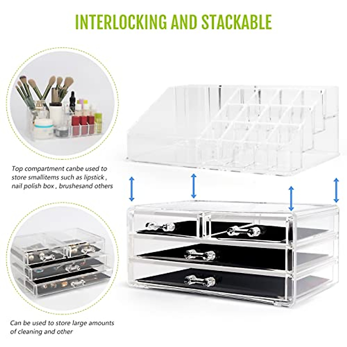 Unaone Clear Cosmetic Storage Organizer, Acrylic Makeup Organizer for Vanity Makeup Storage Organizer Display Cases, Lipstick Holder Organizer Stackable Cosmetic Organizer with 4 Drawers